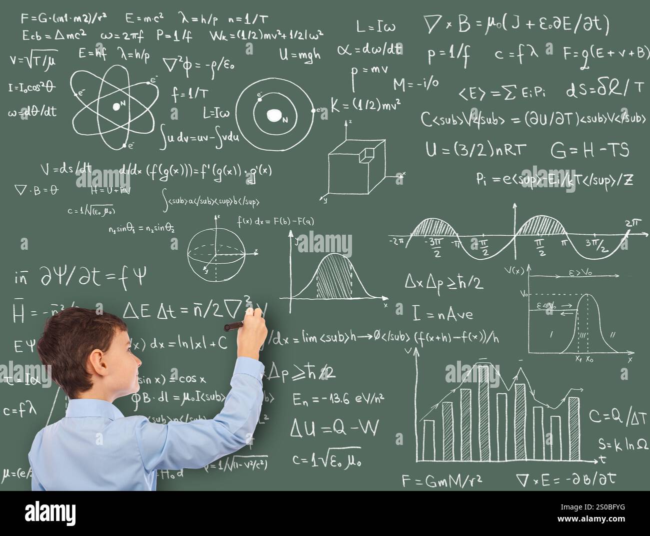 Very intelligent boy writing complicated formula and calculus on aboard ...