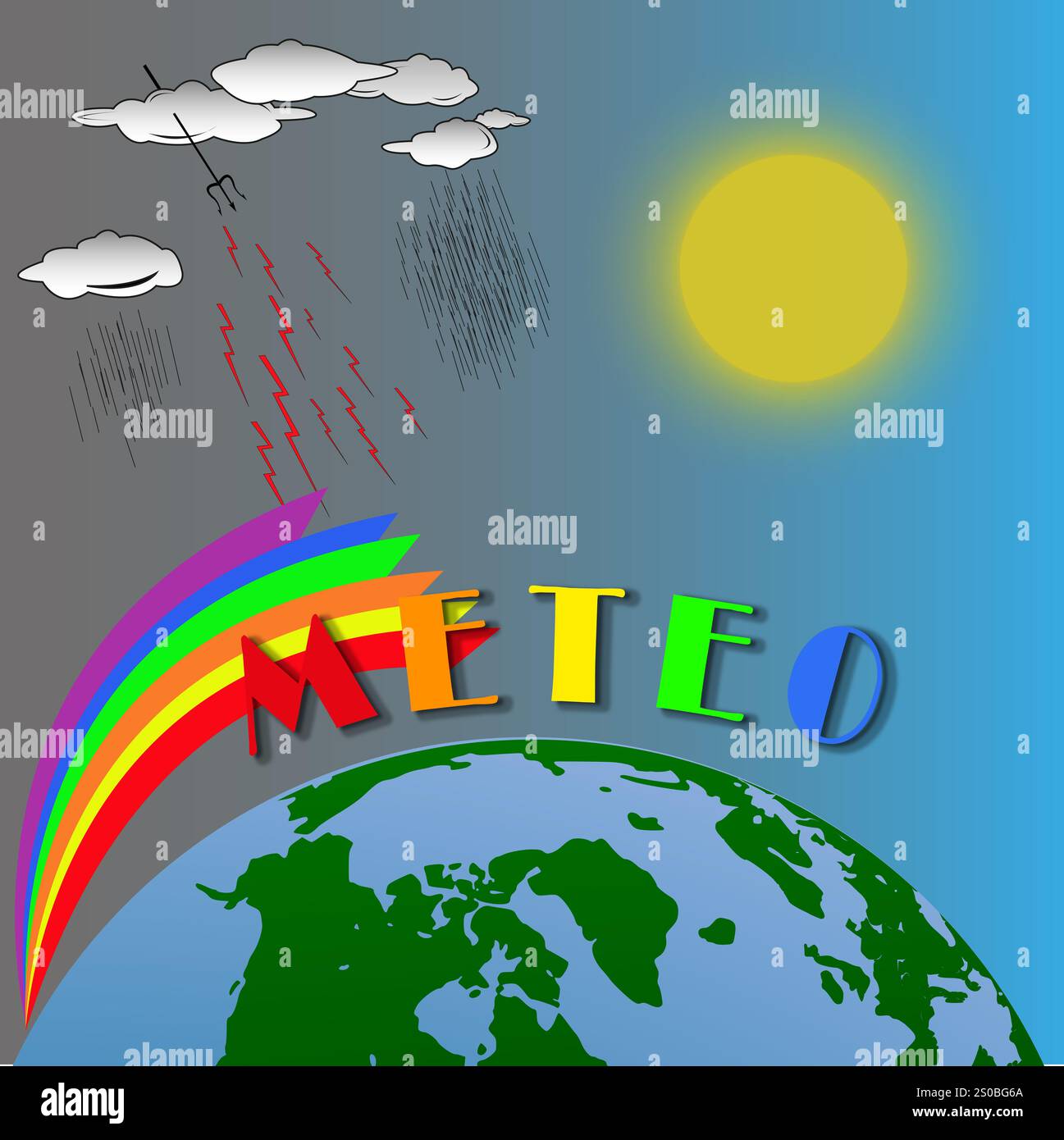 Meteorological set including earth, clouds, lightning, rain, sun ...