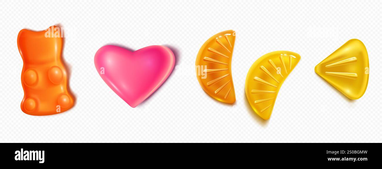 Gummy candy collection with orange bear, pink heart and yellow citrus ...