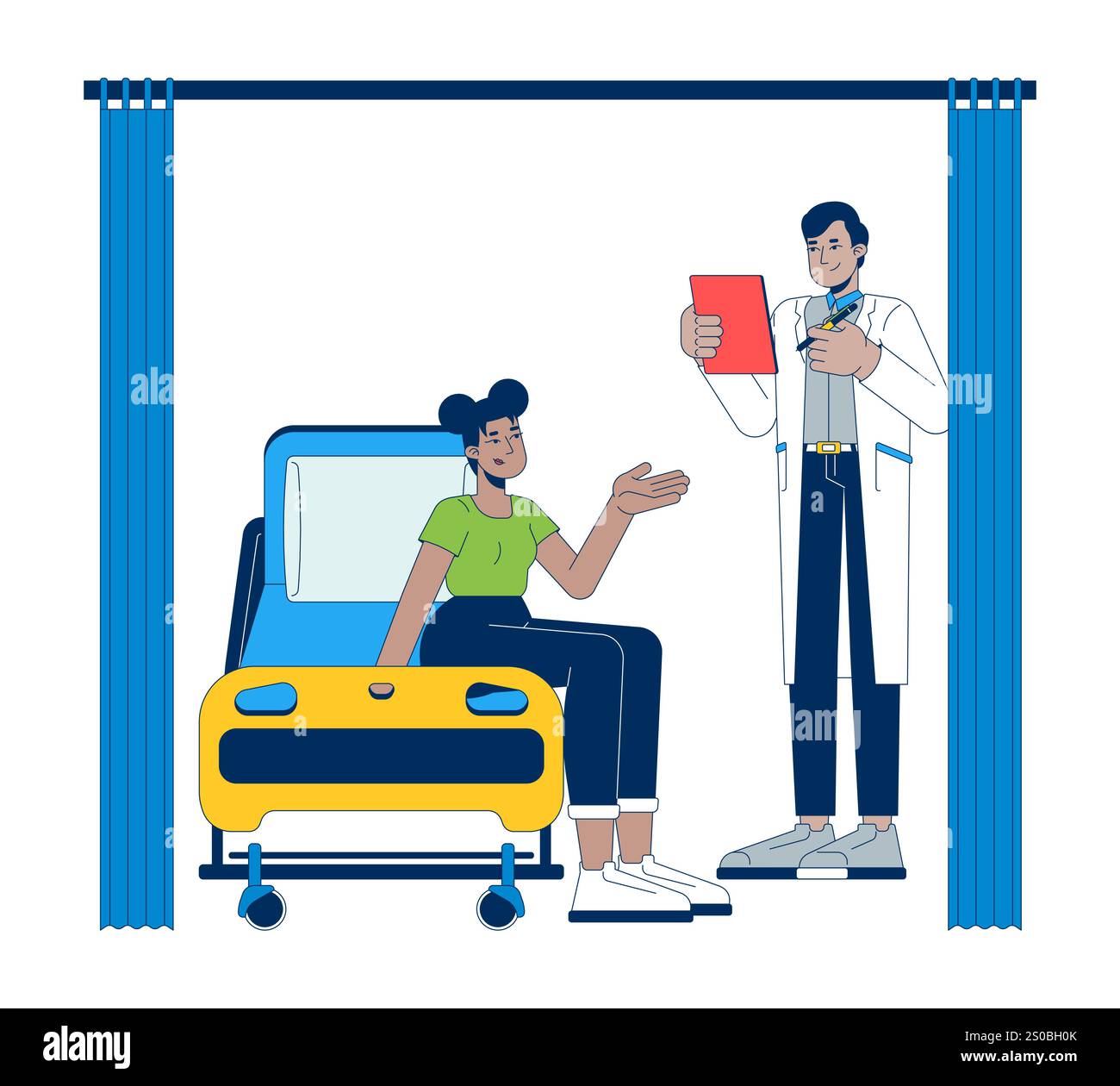 Male doctor consulting female patient on hospital bed 2D cartoon ...
