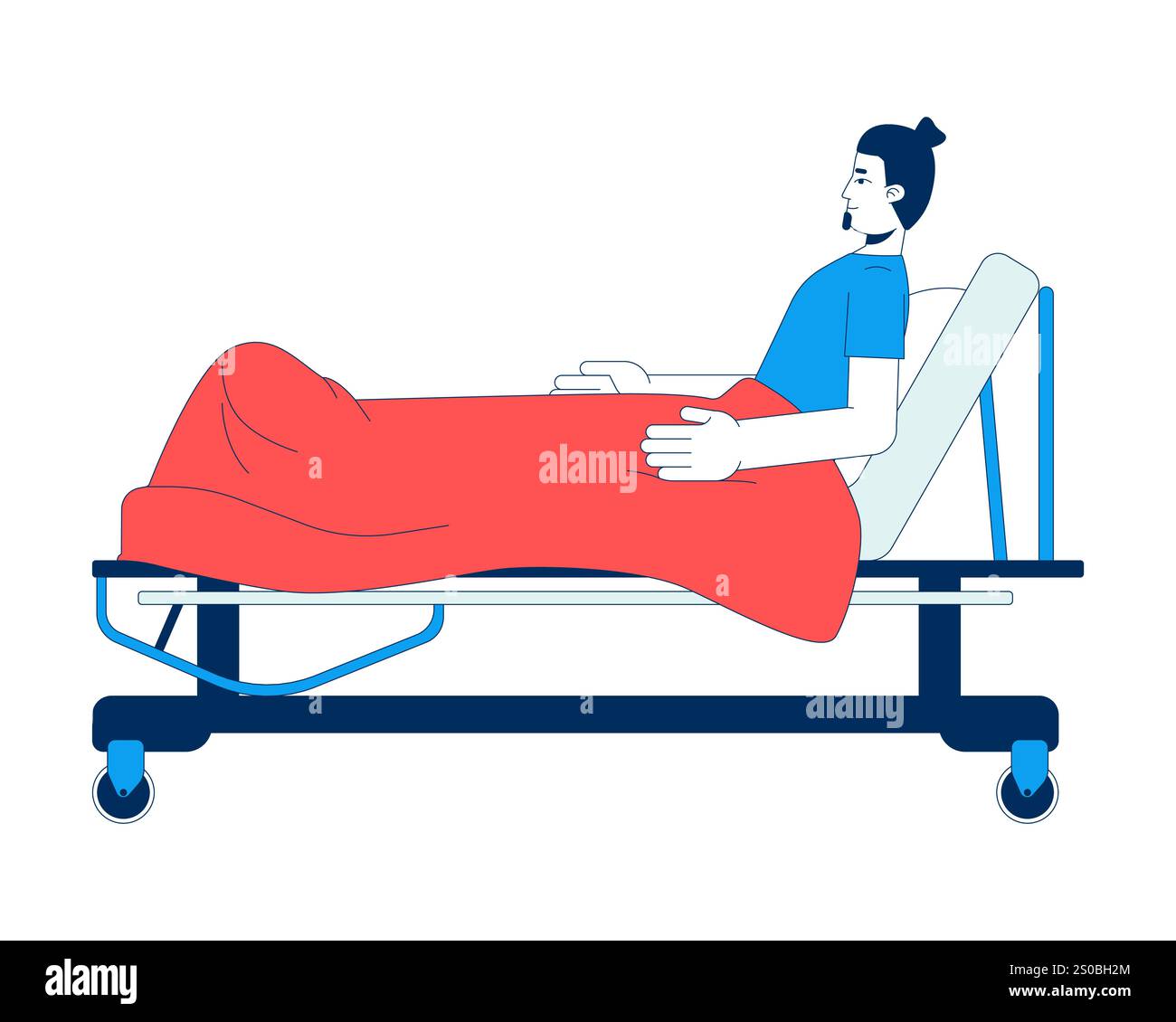 Caucasian man patient reclining on hospital bed 2D cartoon character ...
