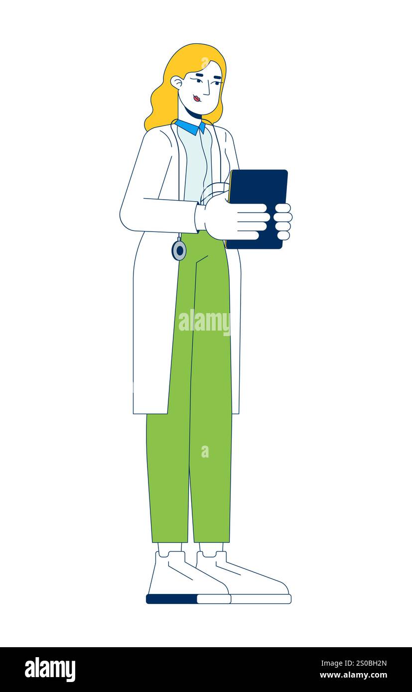 Female blonde doctor in white coat holding tablet 2D cartoon character ...