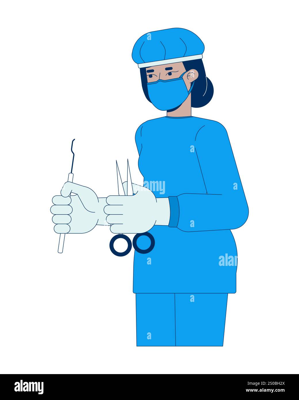 Indian female surgeon in blue scrubs holding surgical tools 2D cartoon ...
