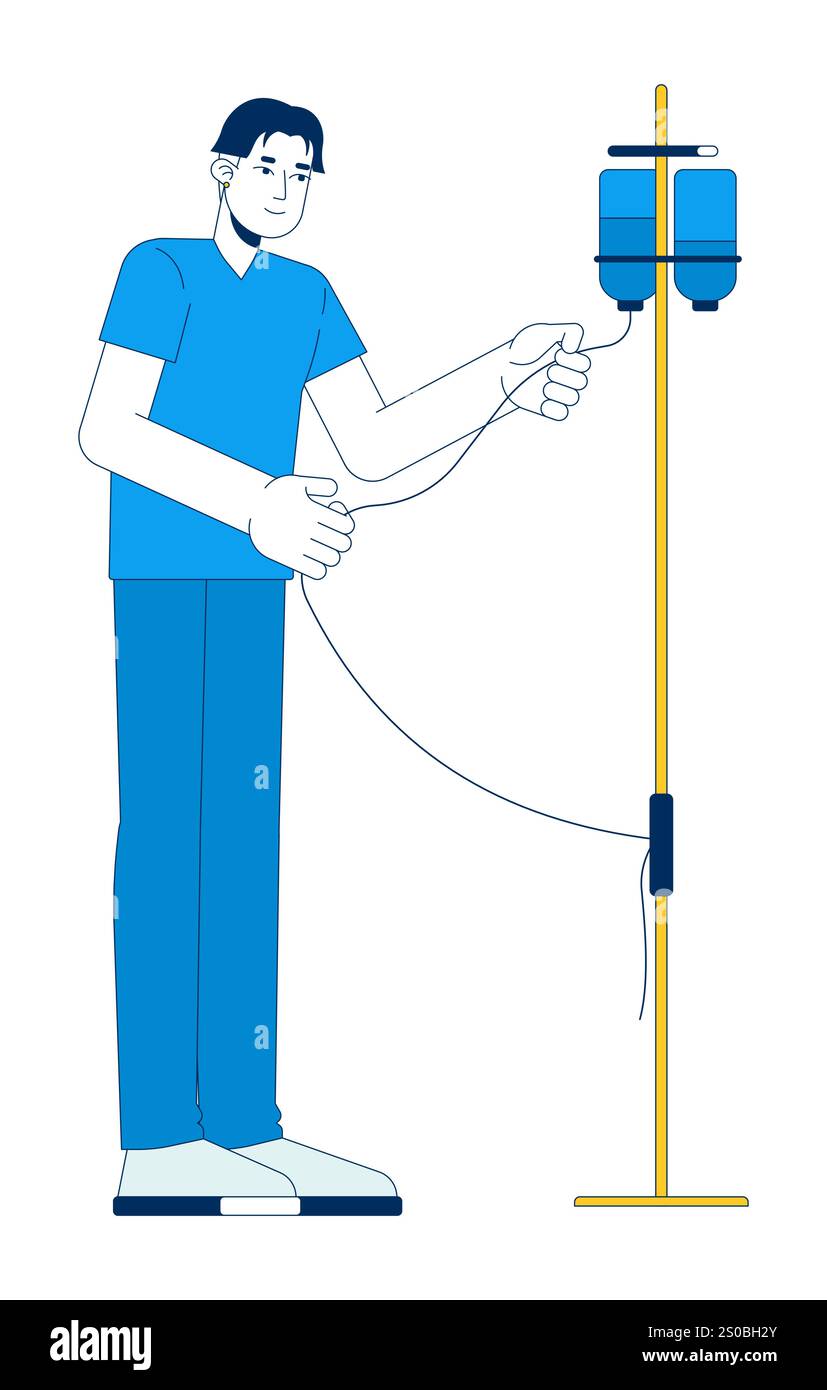 Asian male nurse in scrubs adjusting IV stand with infusion 2D cartoon ...