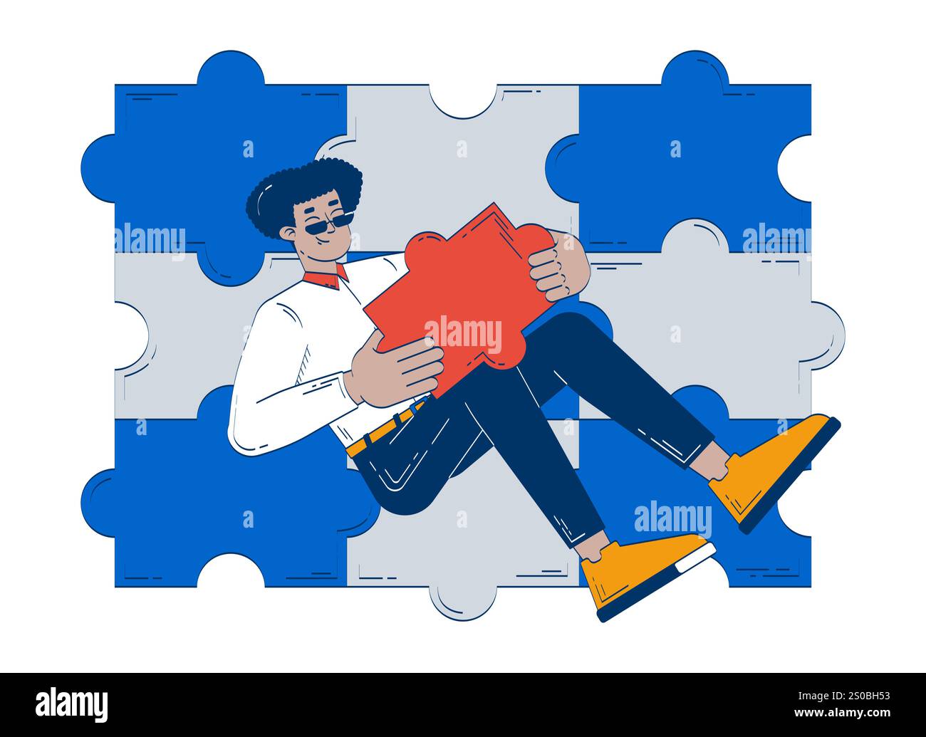 Employee playing individual role completing puzzle doodle illustration ...