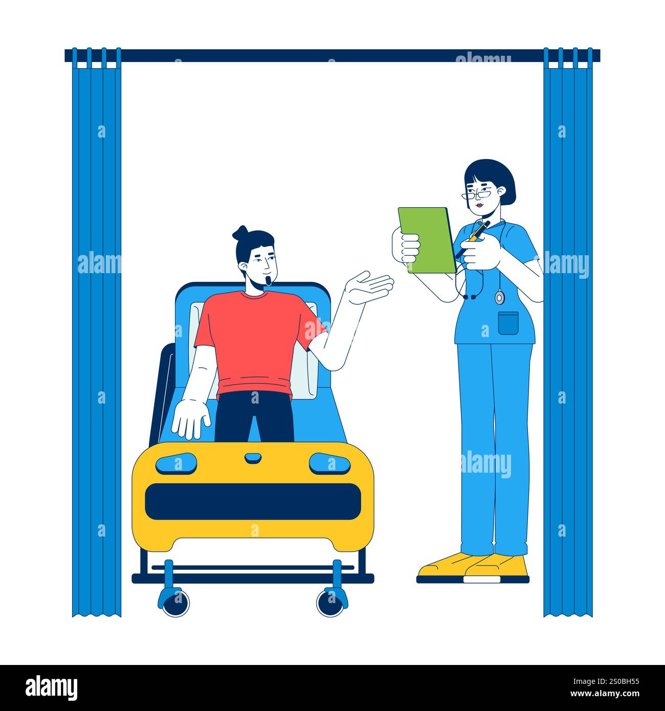 Female nurse and male patient discussion in hospital room 2D cartoon ...