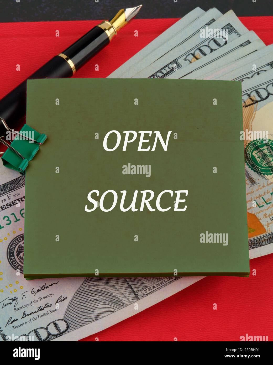 OPEN SOURCE words written on a sticker on the background of dollar ...
