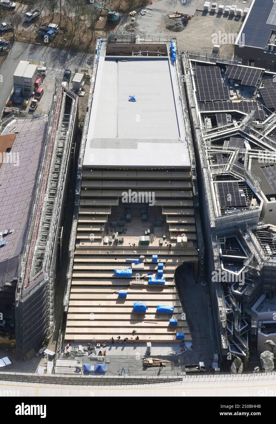 An aerial photo shows the Spain Pavilion for the 2025 Osaka-Kansai Expo ...