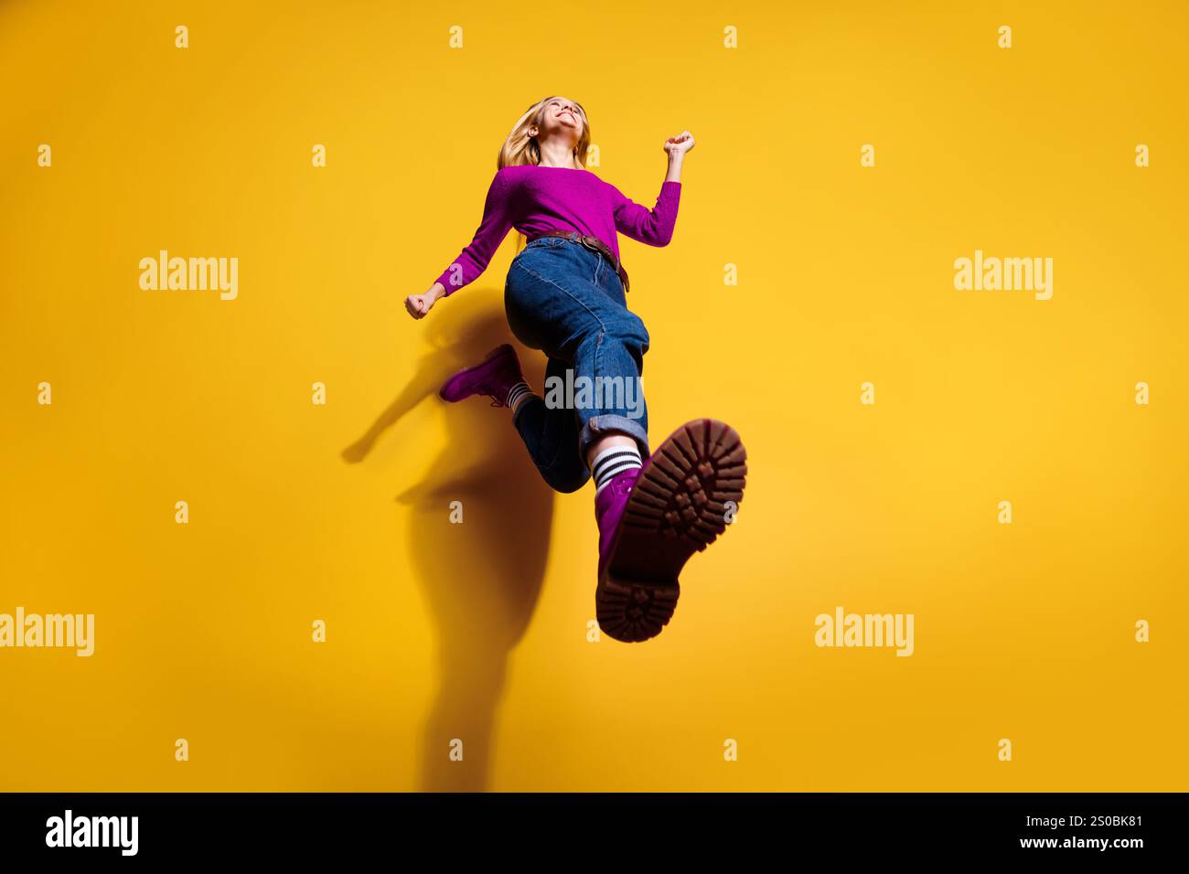 Low below angle full length body size view of nice attractive cheerful ...