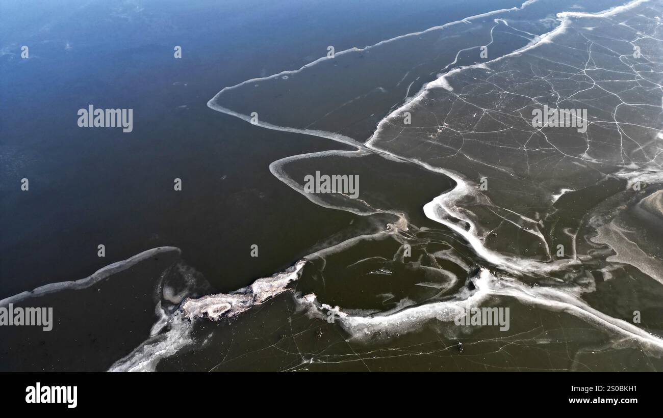 Aerial photo shows the frozen Hun River in Shenyang City, northeast ...