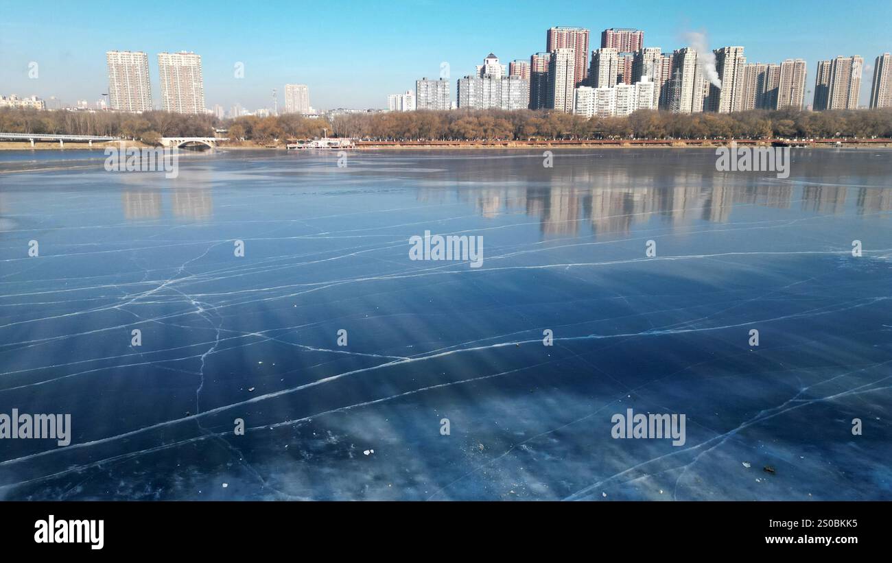 Aerial photo shows the frozen Hun River in Shenyang City, northeast ...
