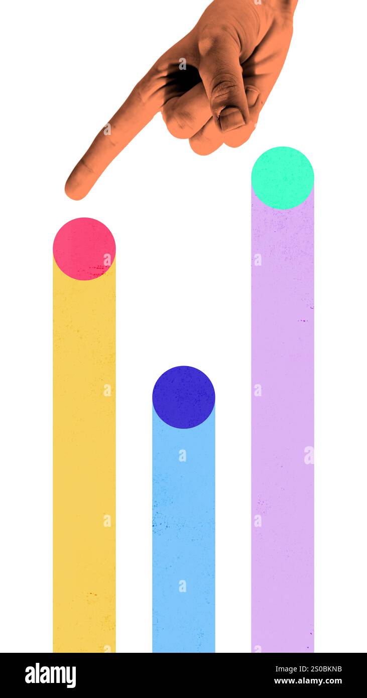 Minimalistic design with hand pointing at colorful column chart ...