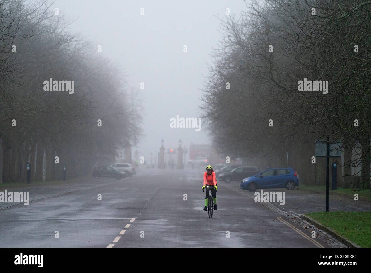 A cyclist in foggy weather in Greenwich Park in London. The UK will ...