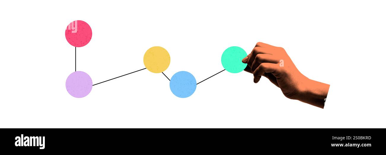 Conceptual image of hand connecting colorful nodes in network diagram ...