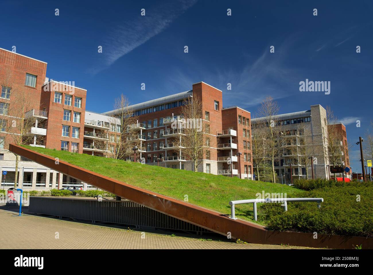 Green rooftop garden with a slope, sloping green roof. Daktuin, groen ...