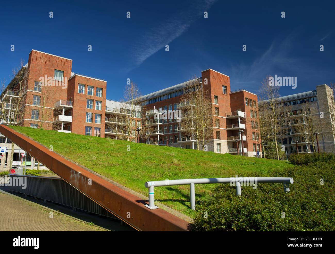 Green rooftop garden with a slope, sloping green roof. Daktuin, groen ...
