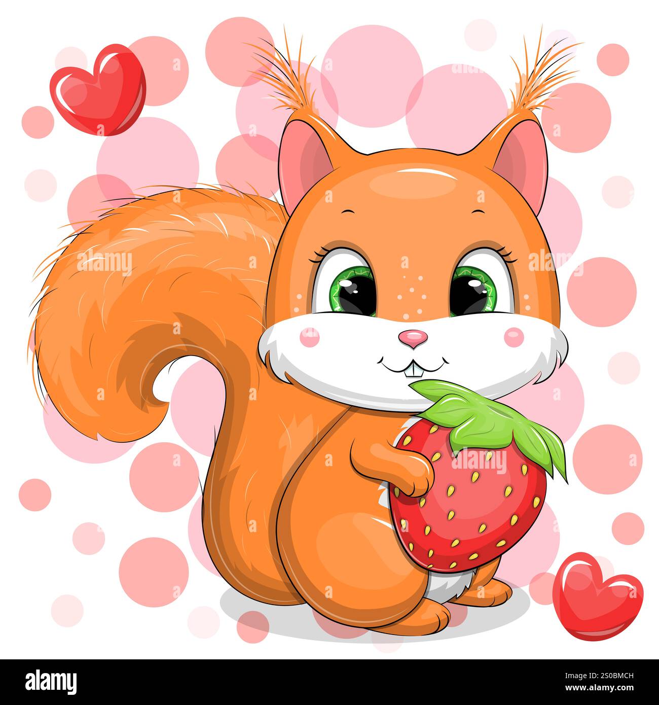 Cute cartoon squirrel with red strawberry. Vector illustration of ...