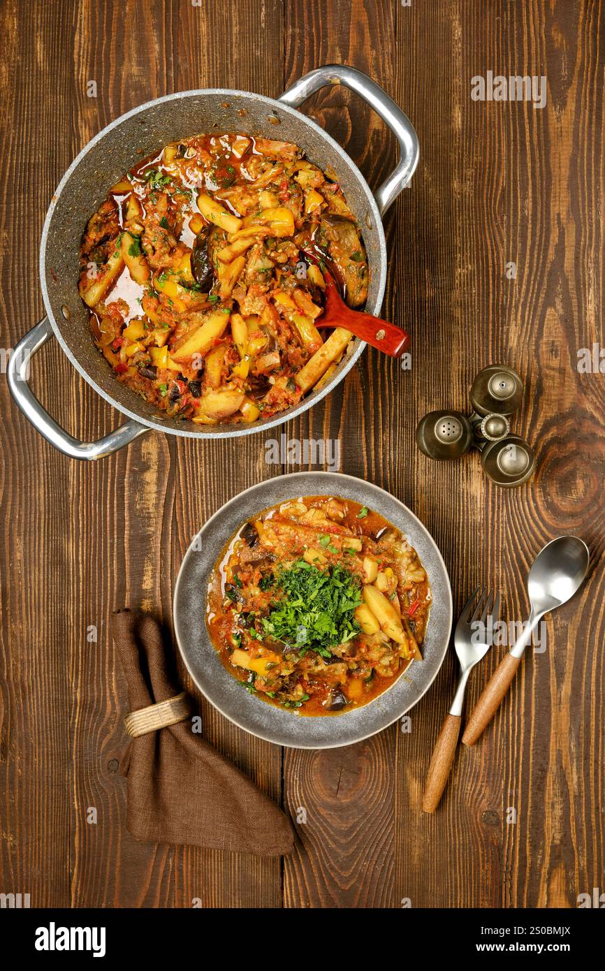 Top view of a warm vegetable stew, rich with various ingredients in a ...