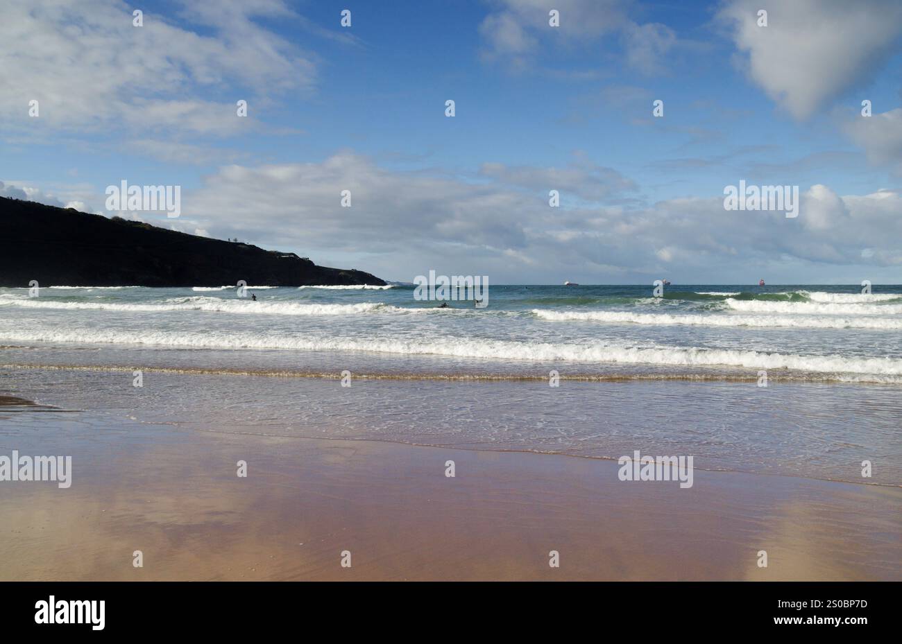Basque Country, dark sand beach Playa de La Arena Biscayan between ...