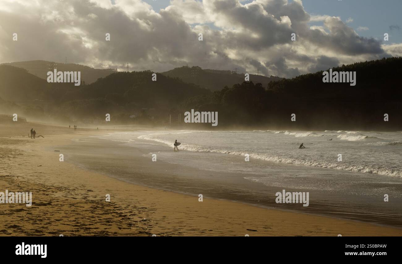Basque Country, dark sand beach Playa de La Arena Biscayan between ...