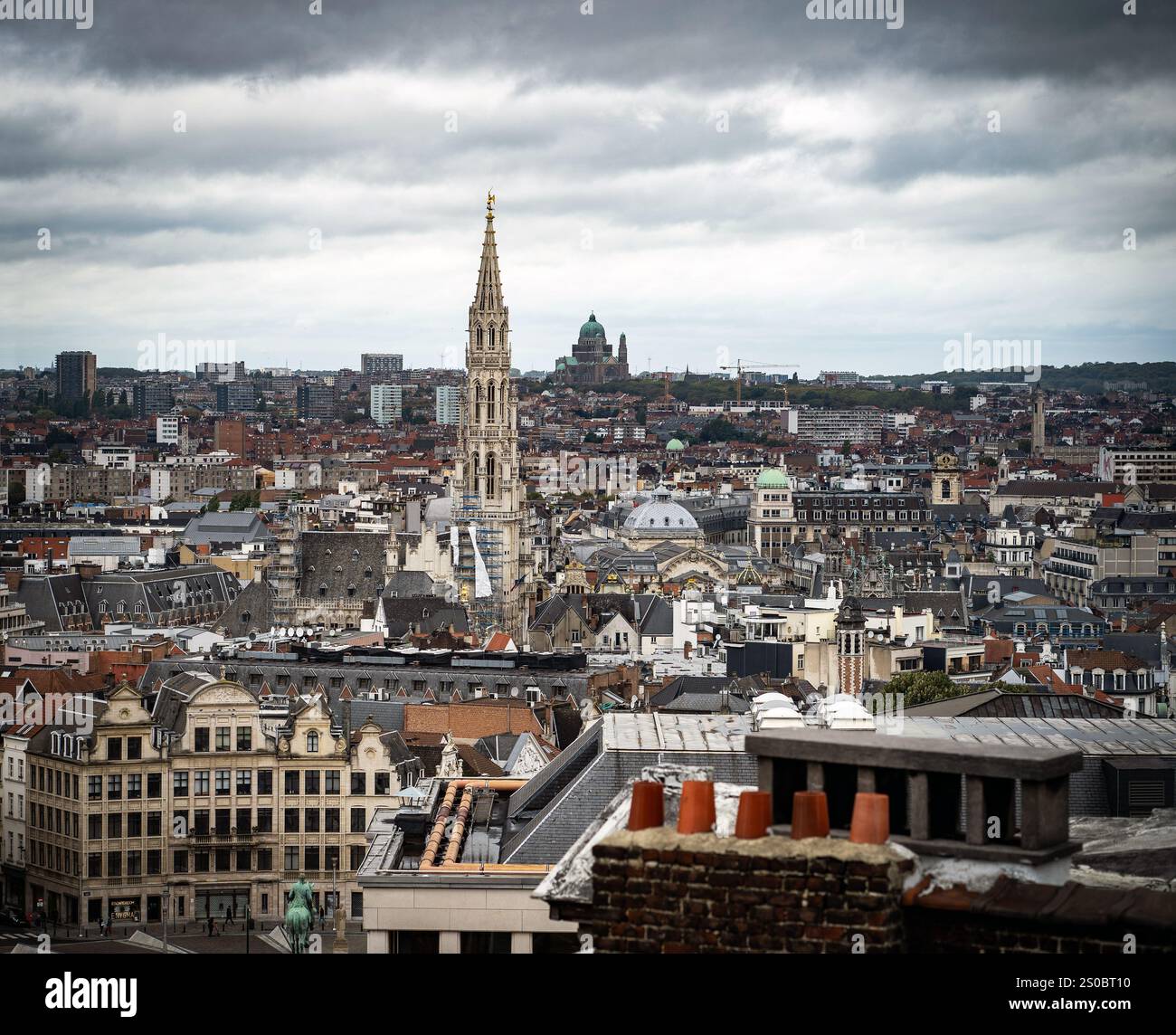 A panoramic view of Brussels, Belgium, showcasing the iconic spire of ...