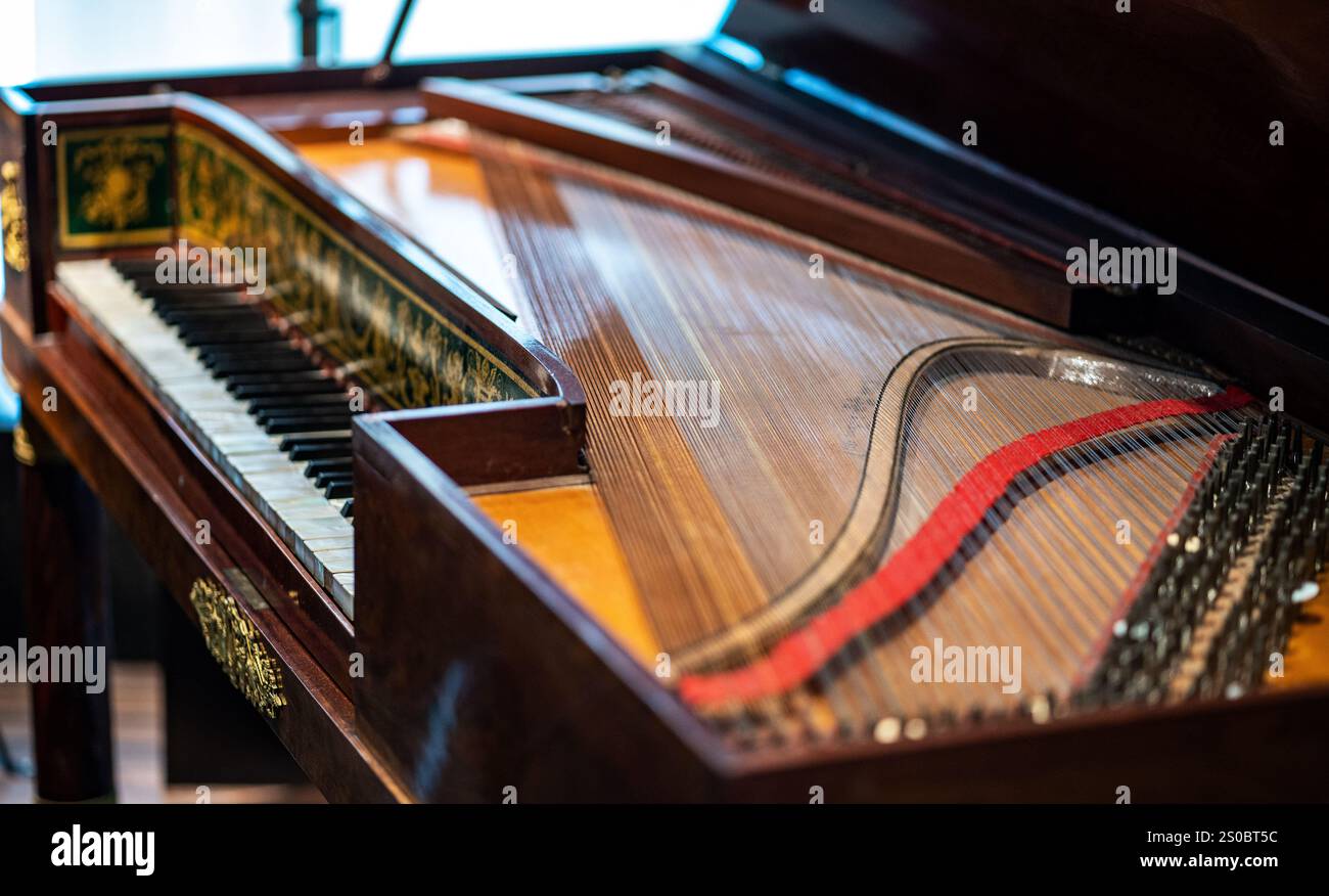 A close-up view of a vintage grand piano showcasing its intricate ...