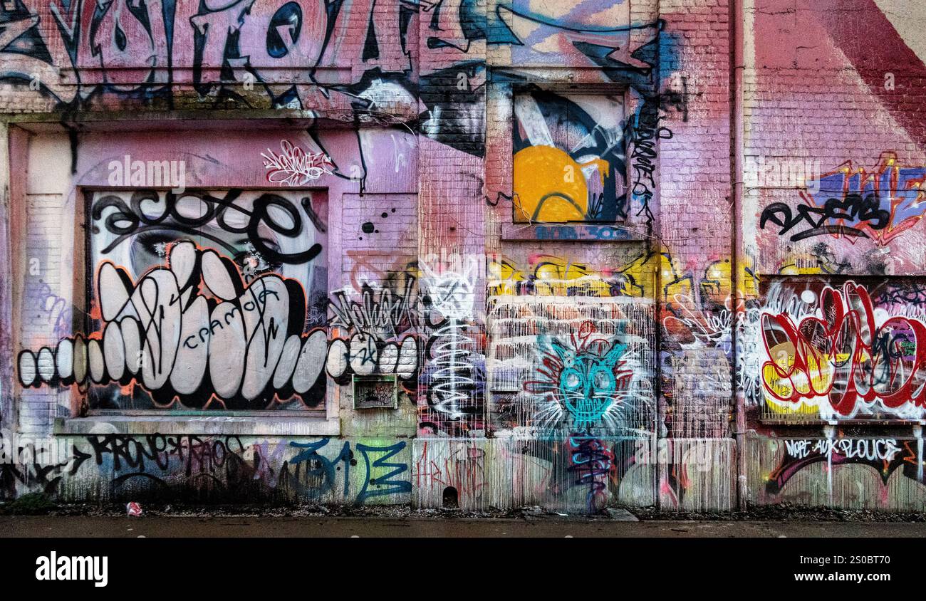 A vibrant wall covered in colorful graffiti art, featuring various tags ...