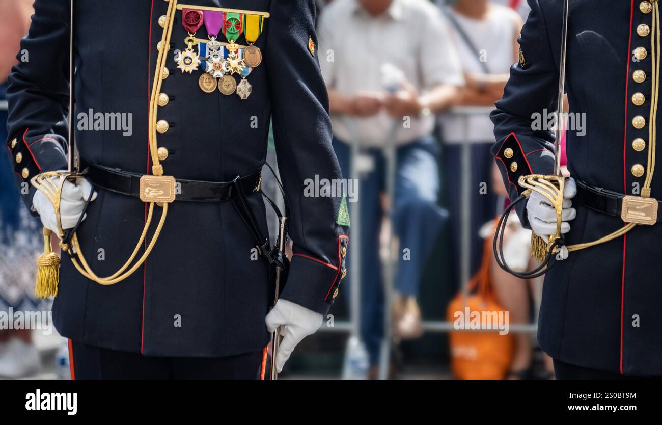 Close-up of two soldiers in formal military uniforms, showcasing medals ...