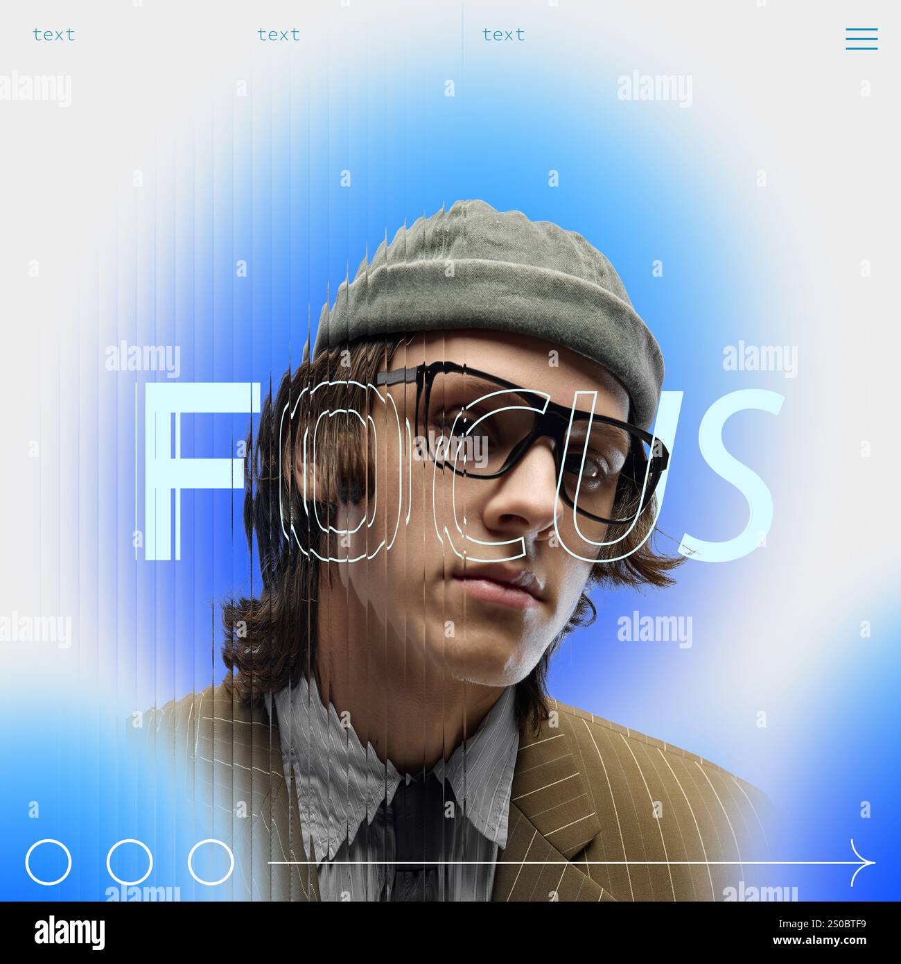 Stylish portrait of young man with bold FOCUS text overlay and gradient ...