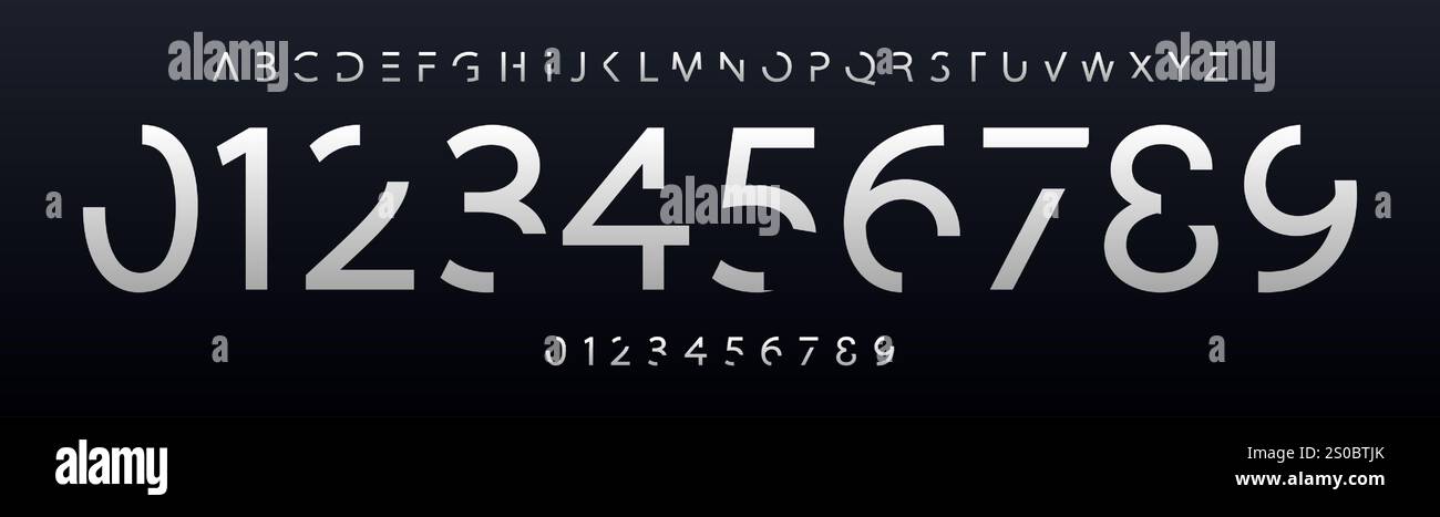 Fragmented typography, innovate futuristic numbers and letters, cropped ...