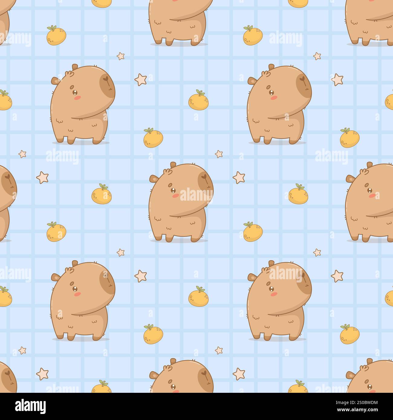 Seamless pattern. Cute calm Capybara on blue checkered background with ...