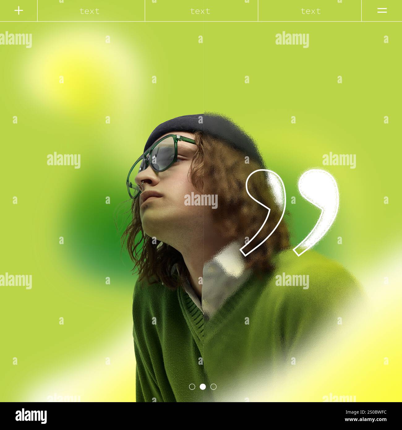 Stylish man in green attire and sunglasses against vibrant green ...