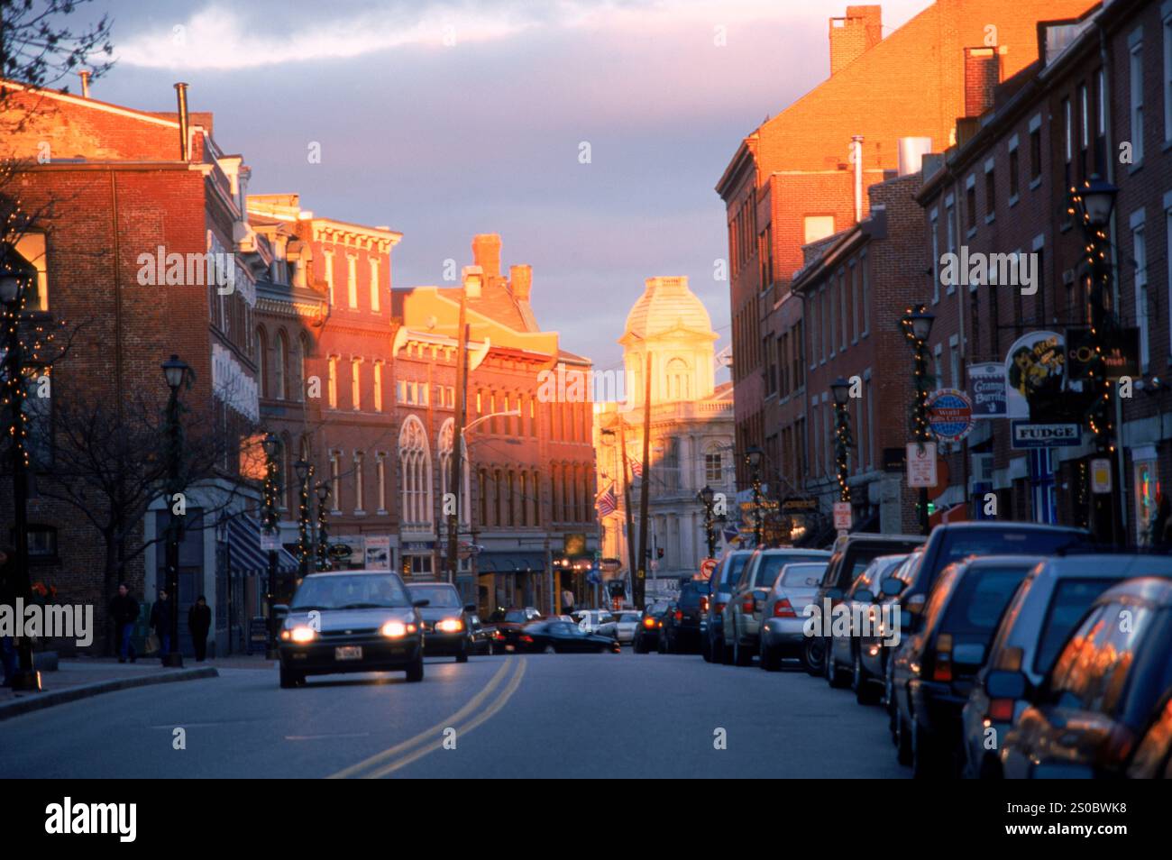 Cars heading down Fore Street in Portland's Old Port Exchange in the ...