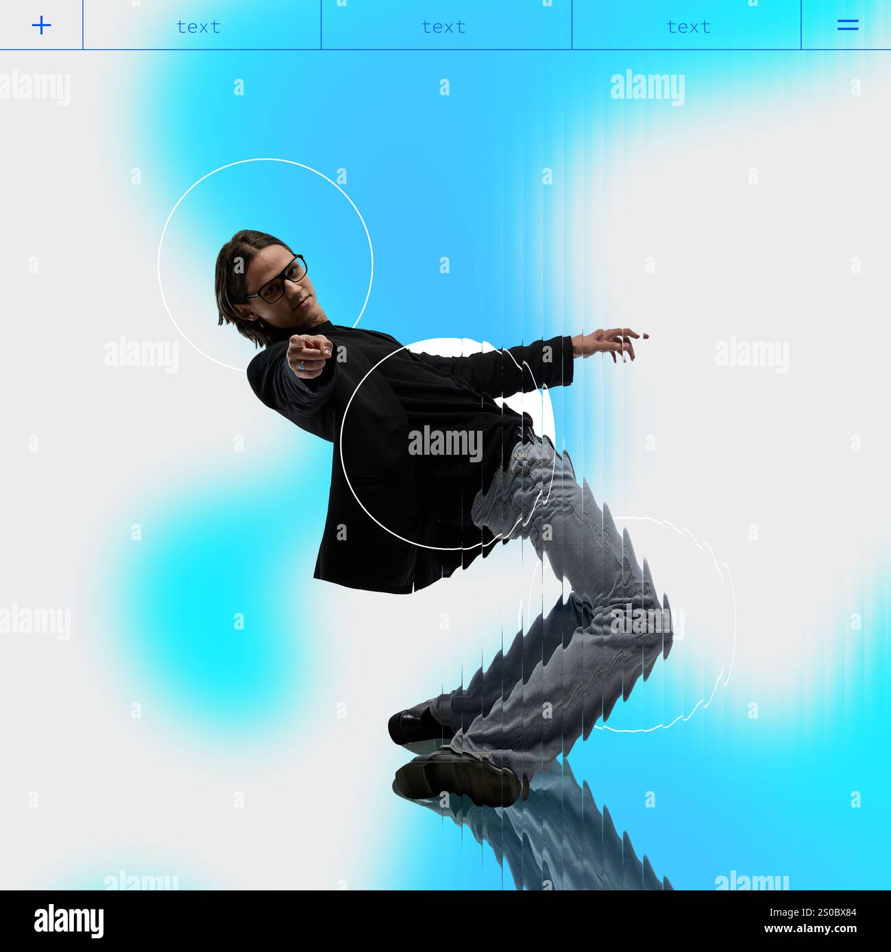 Stylish man in blazer leaning dynamically with abstract ripple effects ...