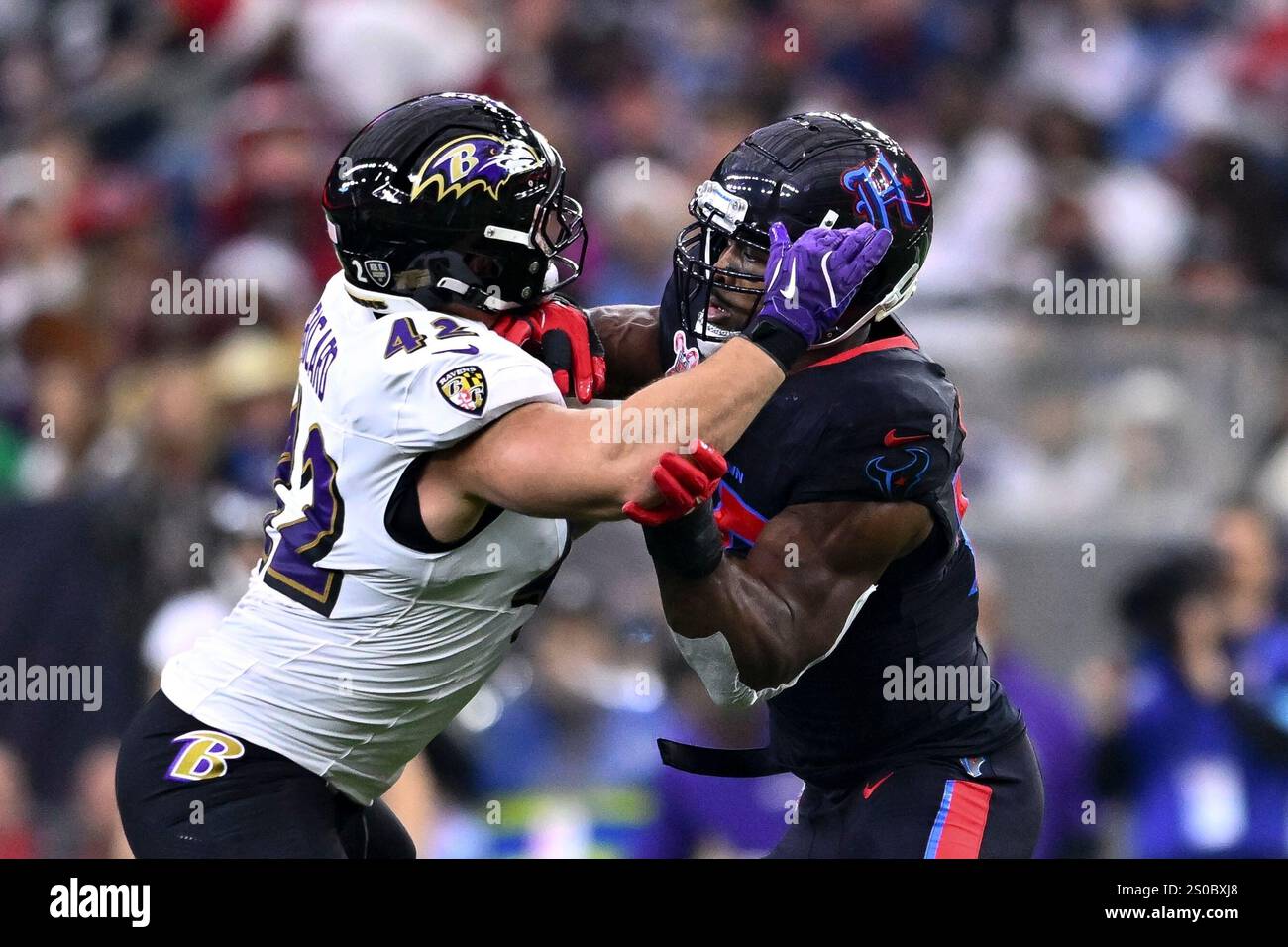 Baltimore Ravens fullback Patrick Ricard (42) blocks as Houston Texans ...