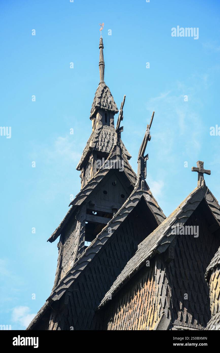 Close up of the Borgund Stave Church during summer. A stave church is a ...