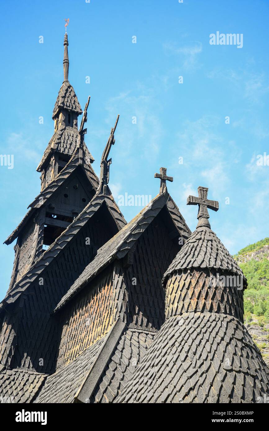 Close up of the Borgund Stave Church during summer. A stave church is a ...