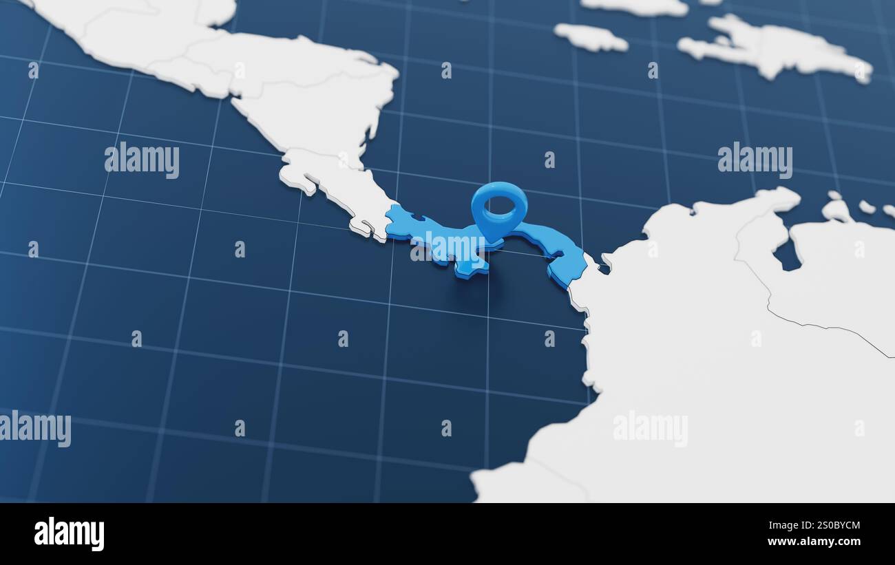 Blue Panama 3d map with pointer pin surrounded with other countries in ...