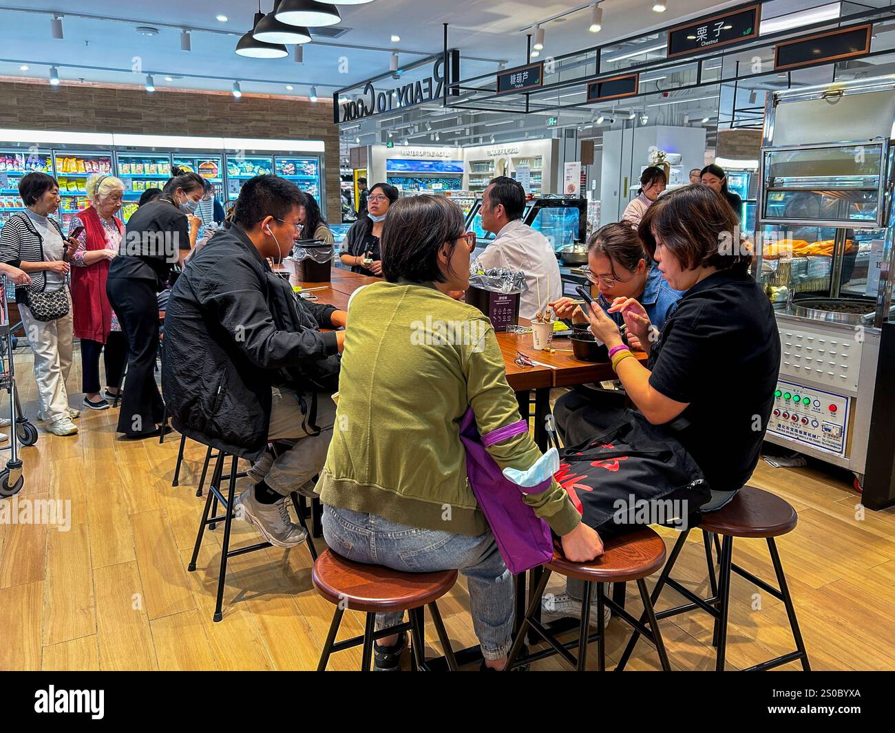 Shanghai, China, Group Chinese People, Sharing Meals at Take Away ...