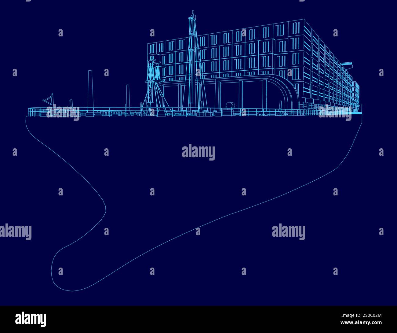 Blue drawing of a ship with a blue sky in the background. The ship is ...