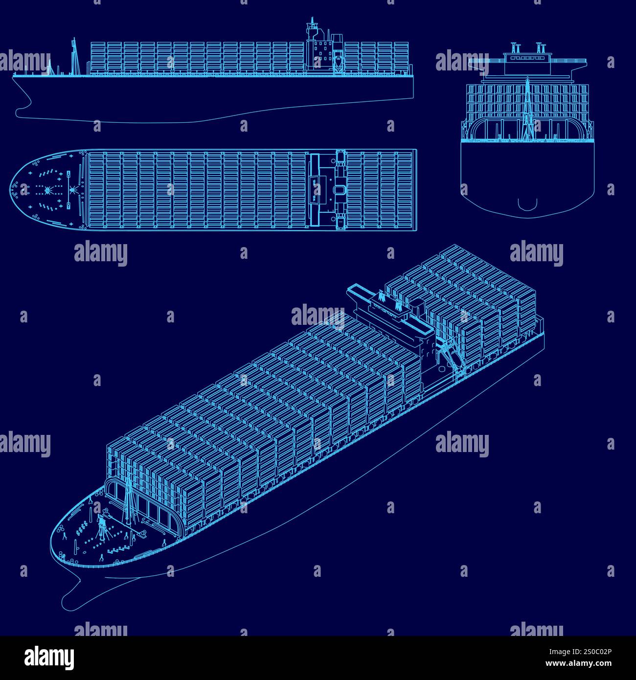Blue drawing of a ship with a blue background. The ship is shown in ...