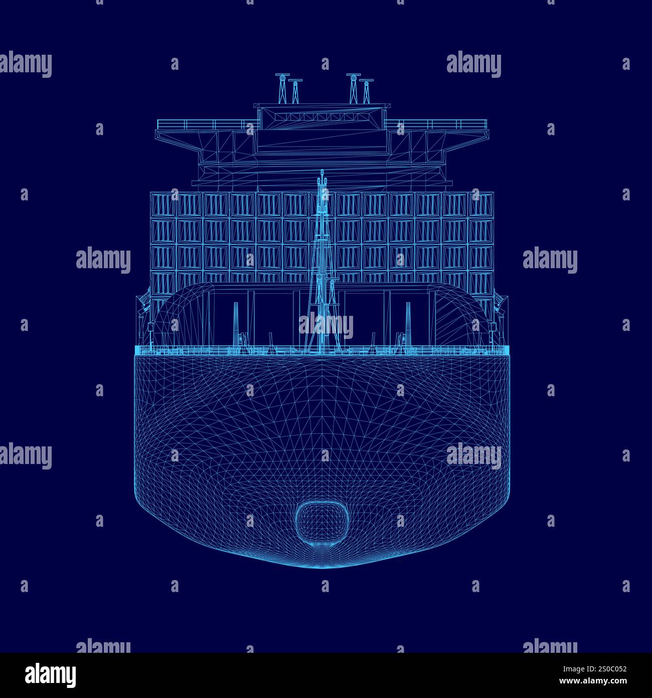 Blue cargo ship is shown in the image. The ship is a large vessel, with ...