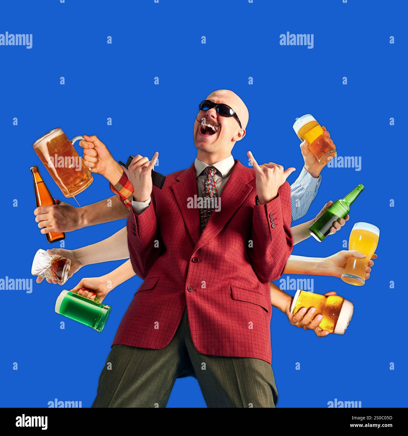 Contemporary art collage. Man in red suit surrounded by arms holding ...