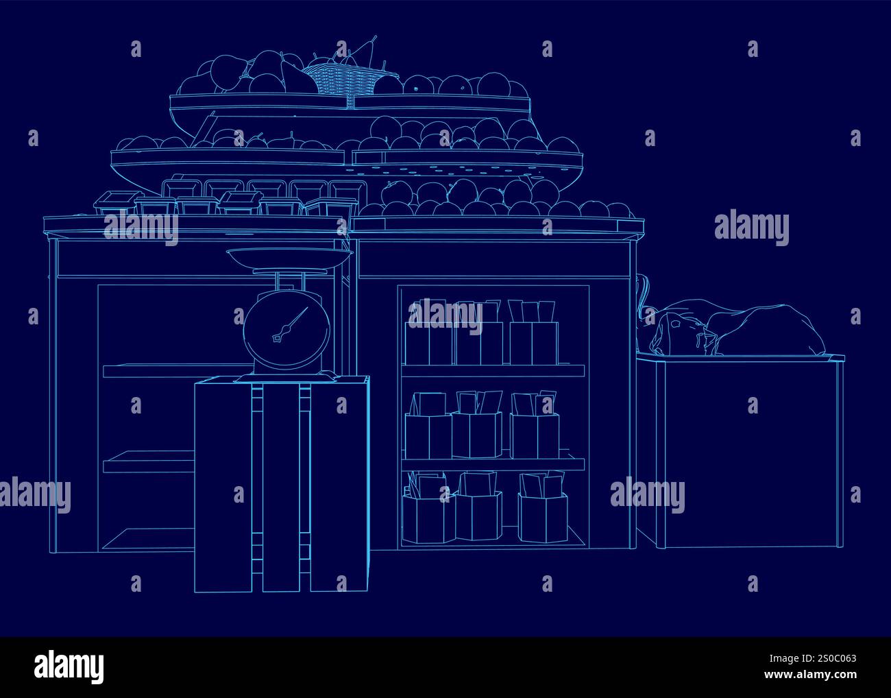 Blue drawing of a store with a scale and a sign that says "weight". The ...