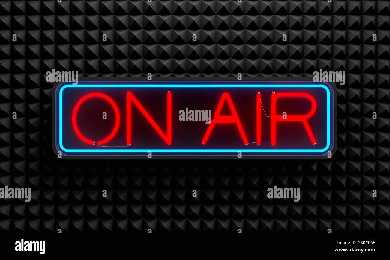 Red neon on air sign glowing on black soundproof foam panel background ...