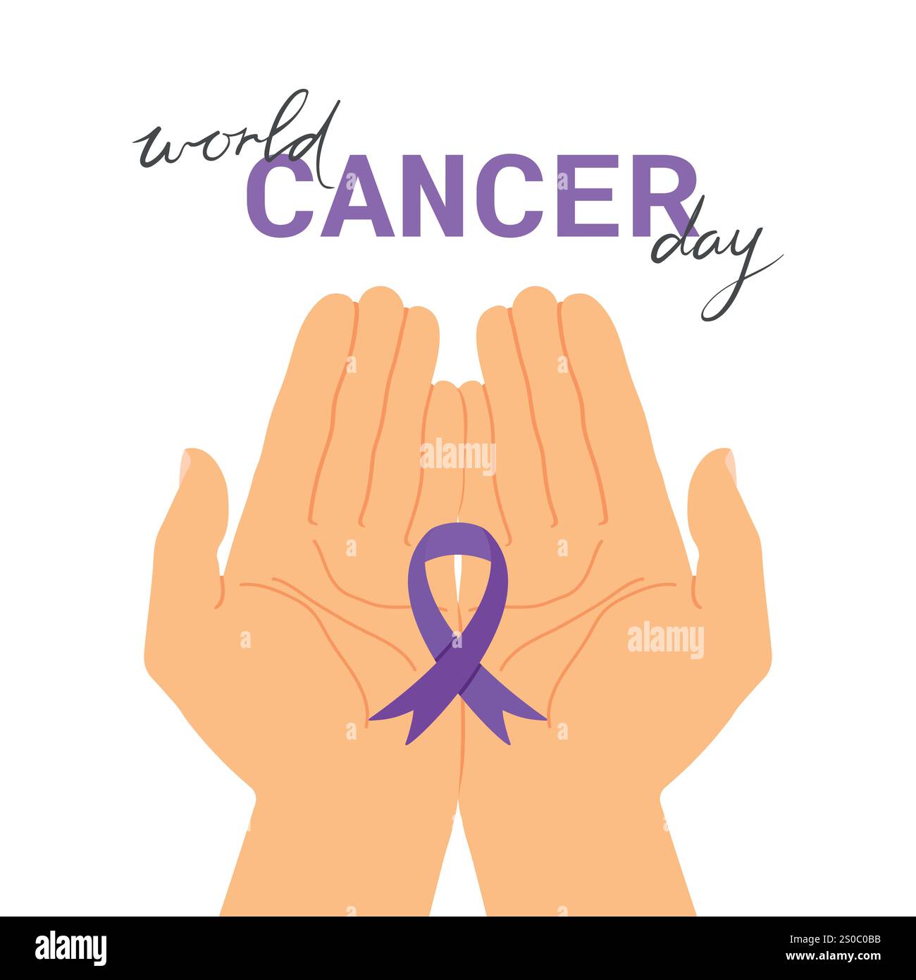 February 4th World Cancer Day. Hands holding a purple ribbon. Vector ...