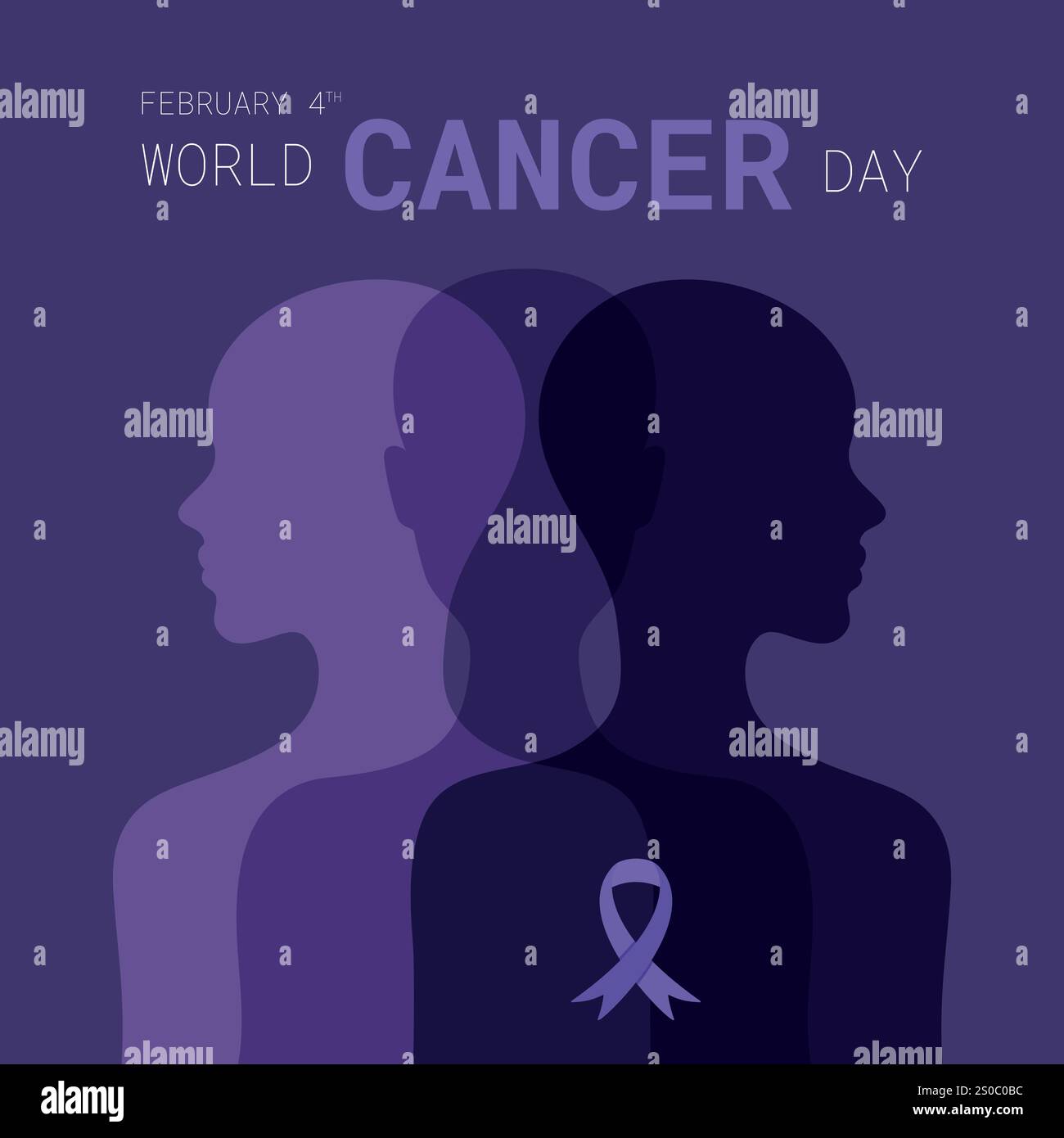 World Cancer Day February 4th. Bald people silhouettes and purple ...