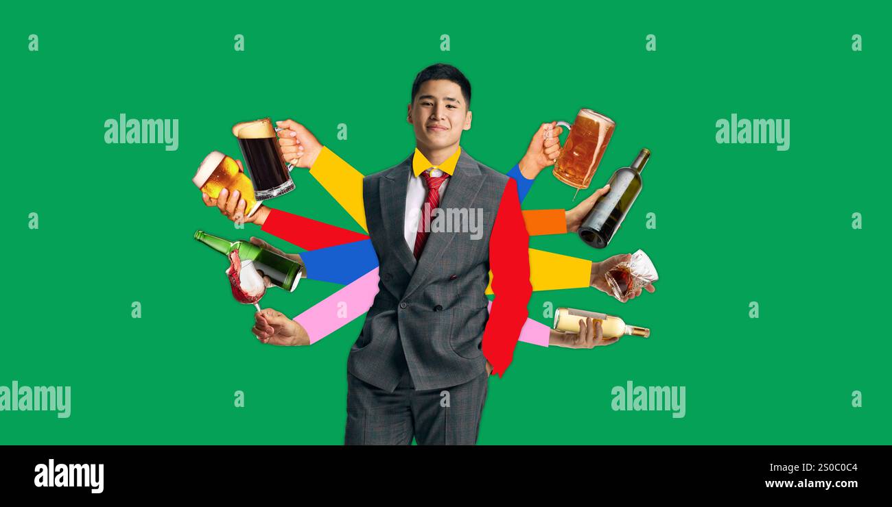 Contemporary art collage. Man in formal suit with many hands offering ...