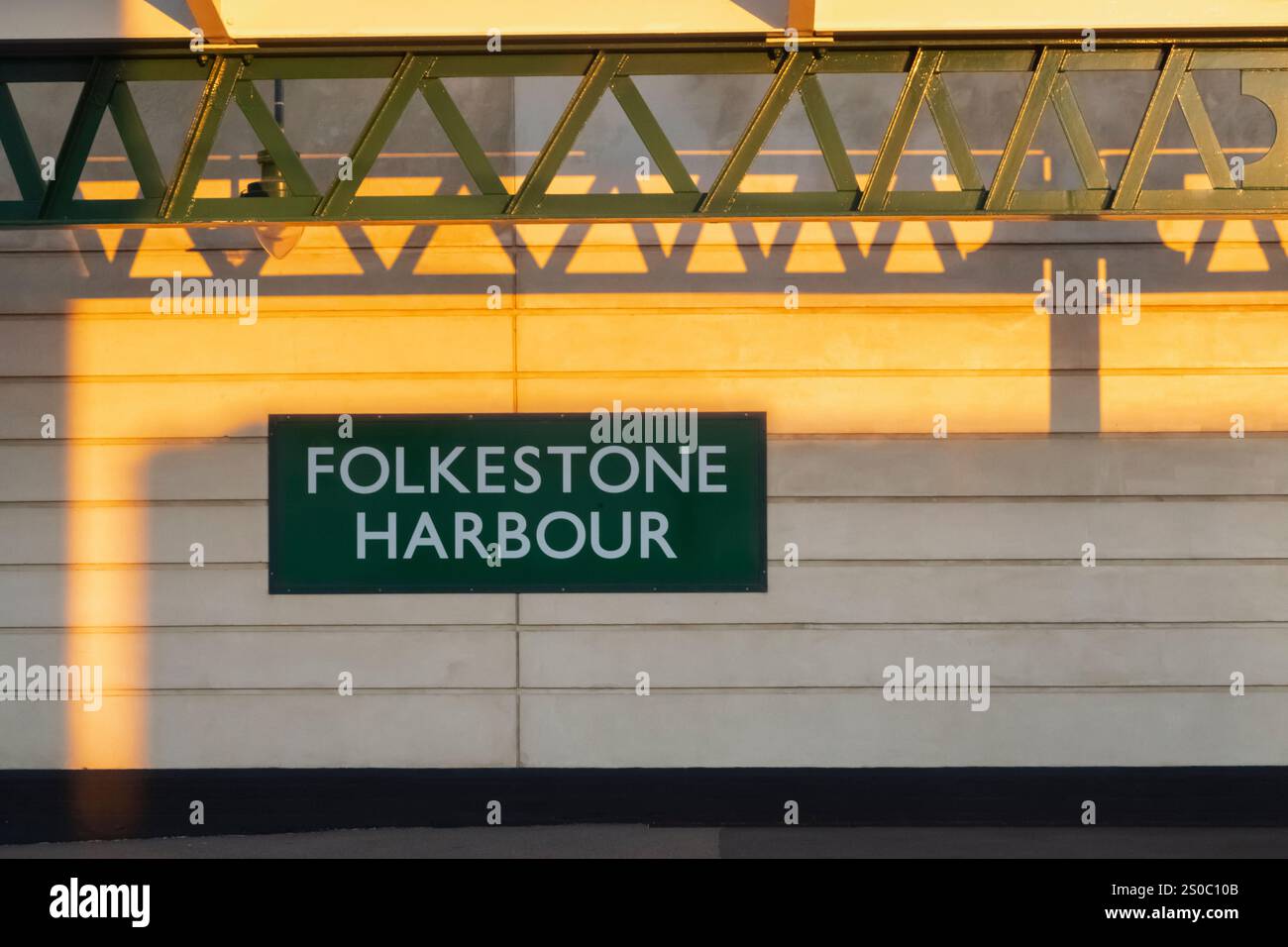 England, Kent, Folkestone,Folkestone Harbour Train Station Sign and ...