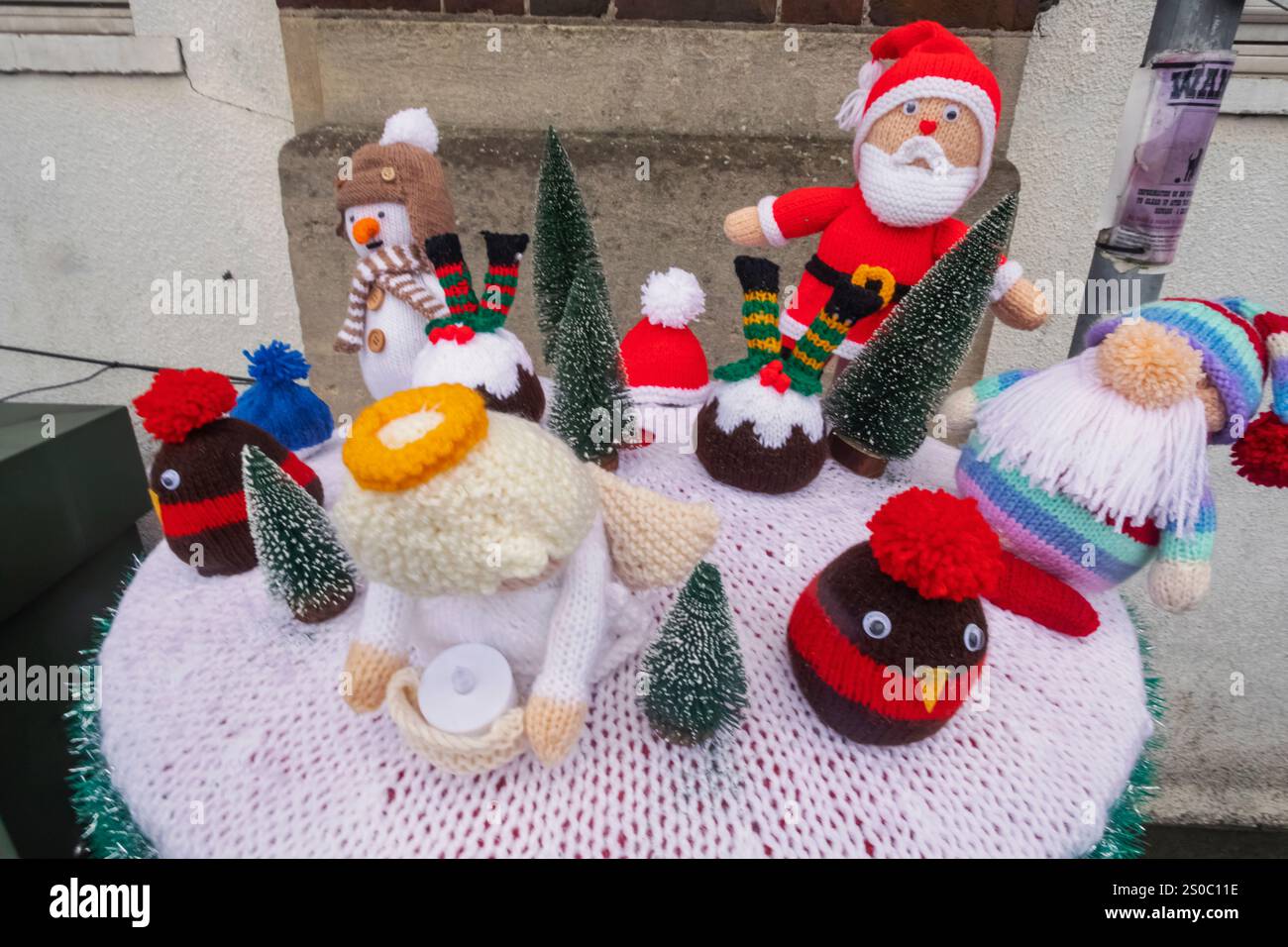 England, Kent, Dover, Red Postbox Knitted Topper depicting Winter Scene ...